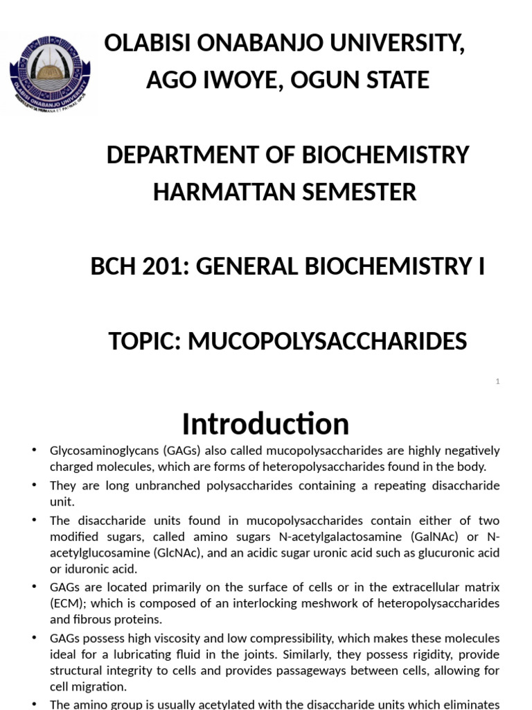 BCH 201 Mucopolysaccharides and BGS | PDF | Extracellular Matrix | Biomolecules