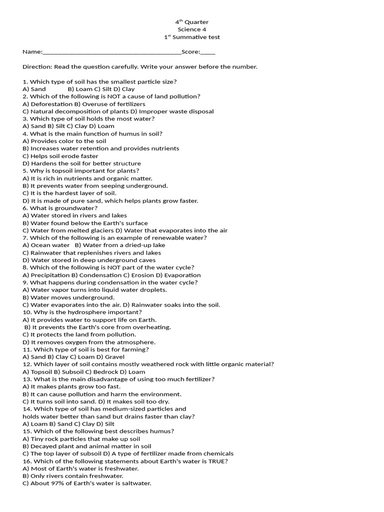 Grade 4 Science Summative Test: Soil & Water | PDF | Soil | Water