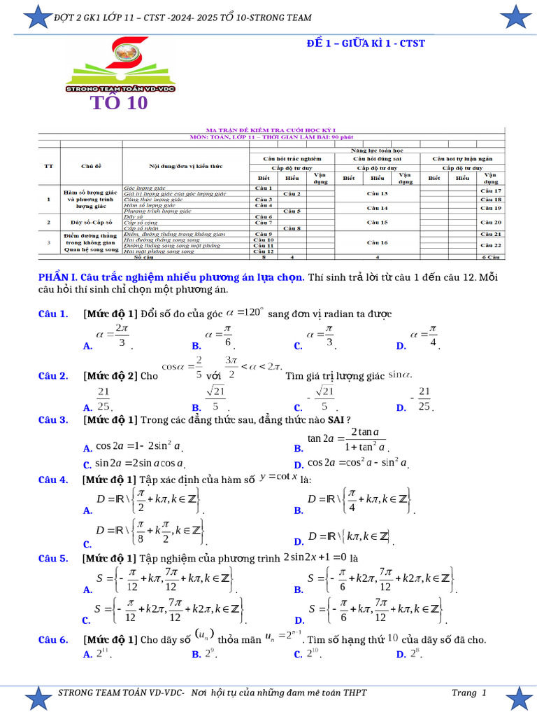 T 10 Đot 2 de 1 GK1 Toan 11 CTST 2024 2025 | PDF