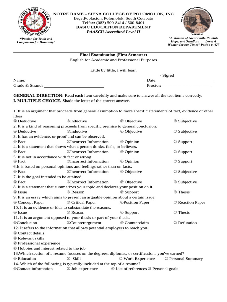 FINALE EAPP 2024 | PDF | Inductive Reasoning | Deductive Reasoning