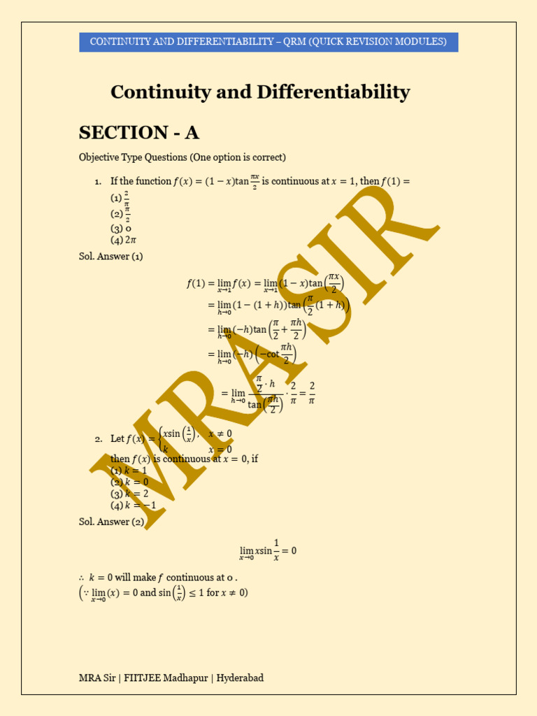 Continuity and Differnentiability QRM MRA Sir | PDF | Mathematical ...