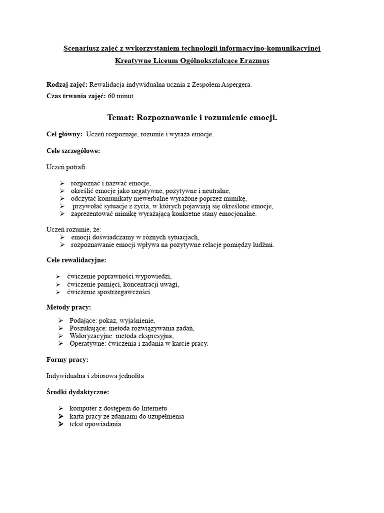 Emocjescenariusz - Rewalidacja Ucznia Z Zespolem Aspergera | PDF