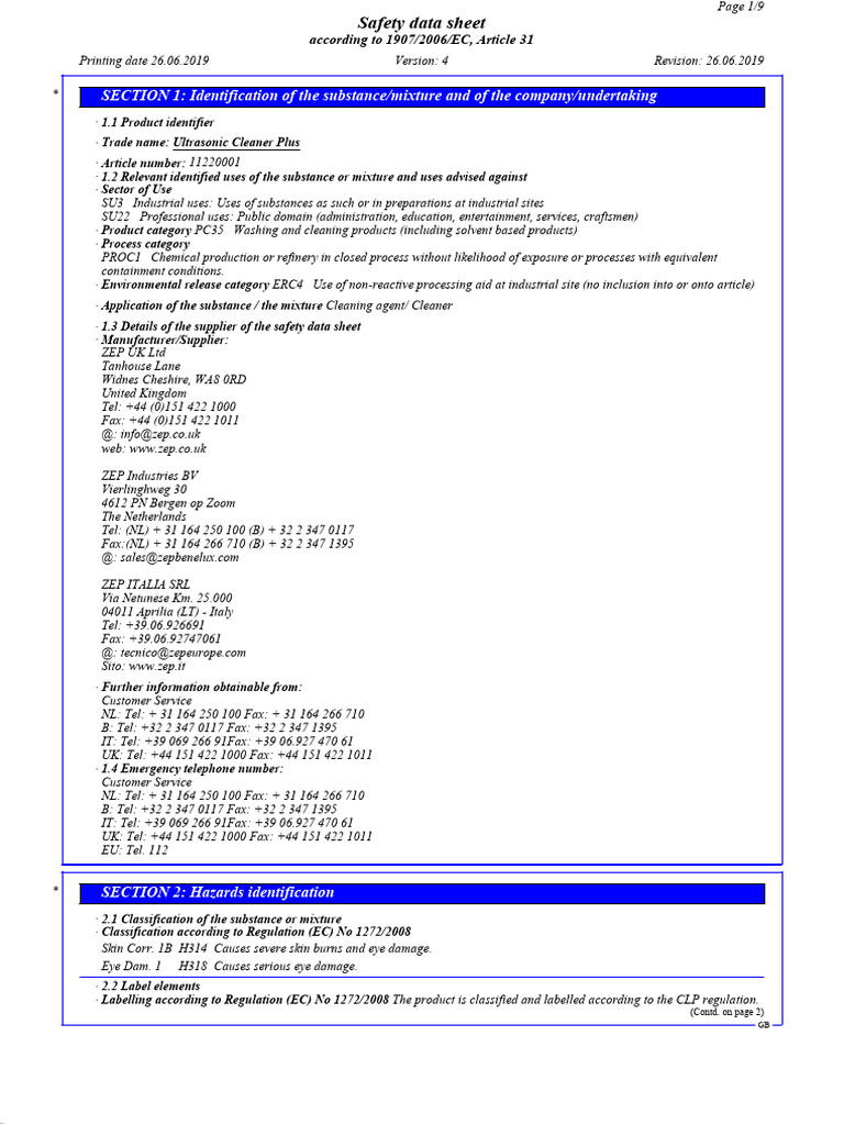 Ultrasonic Cleaner Plus MSDS GB 4 | PDF | Dangerous Goods | Toxicity
