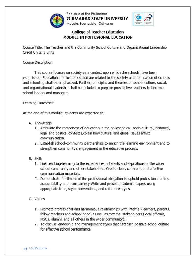 Teacher Community & School Leadership Module | PDF | Learning ...
