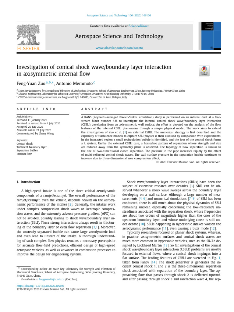 Investigation of conical shock wave boundary layer interaction in axisymmetric internal flow ...