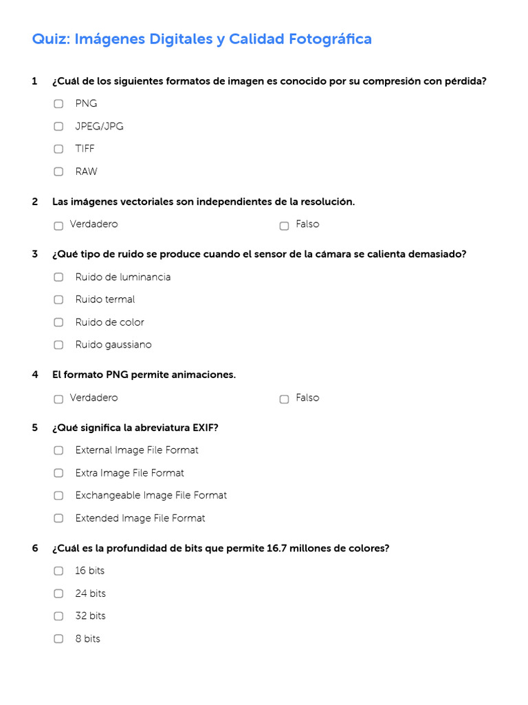 Quiz sobre Imágenes Digitales y Fotografía | PDF | Formato de imagen ...