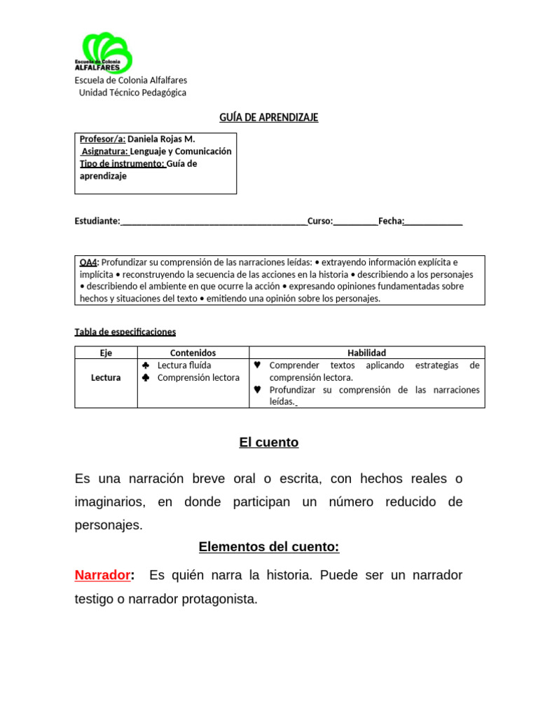 Guía de Aprendizaje: Cuentos y Mayúsculas | PDF | Narración