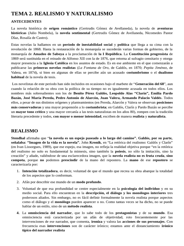 Tema 2 Realismo y Naturalismo | PDF | Realismo literario