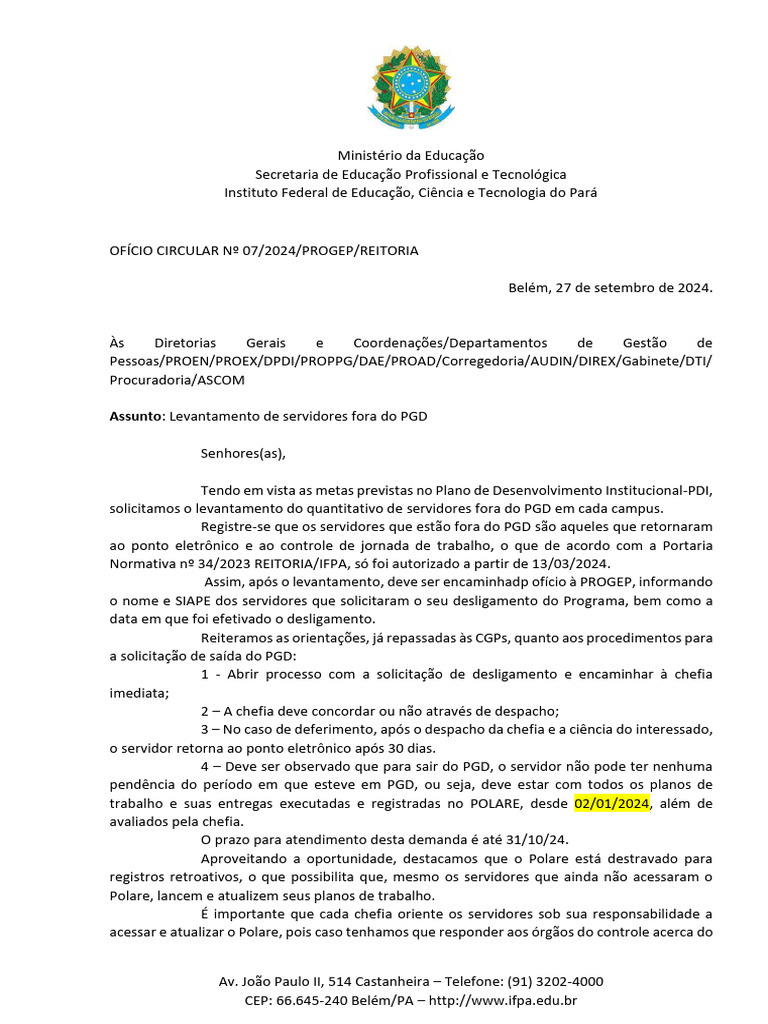 OFICIO CIRCULAR #07 2024 - Levantamento de de Servidores Sem PGD - Docx Assinado | PDF