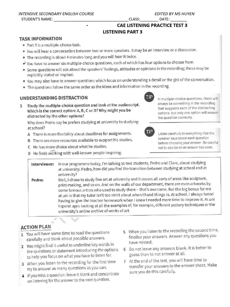 CAE Listening Practice Test 3 Guide | PDF