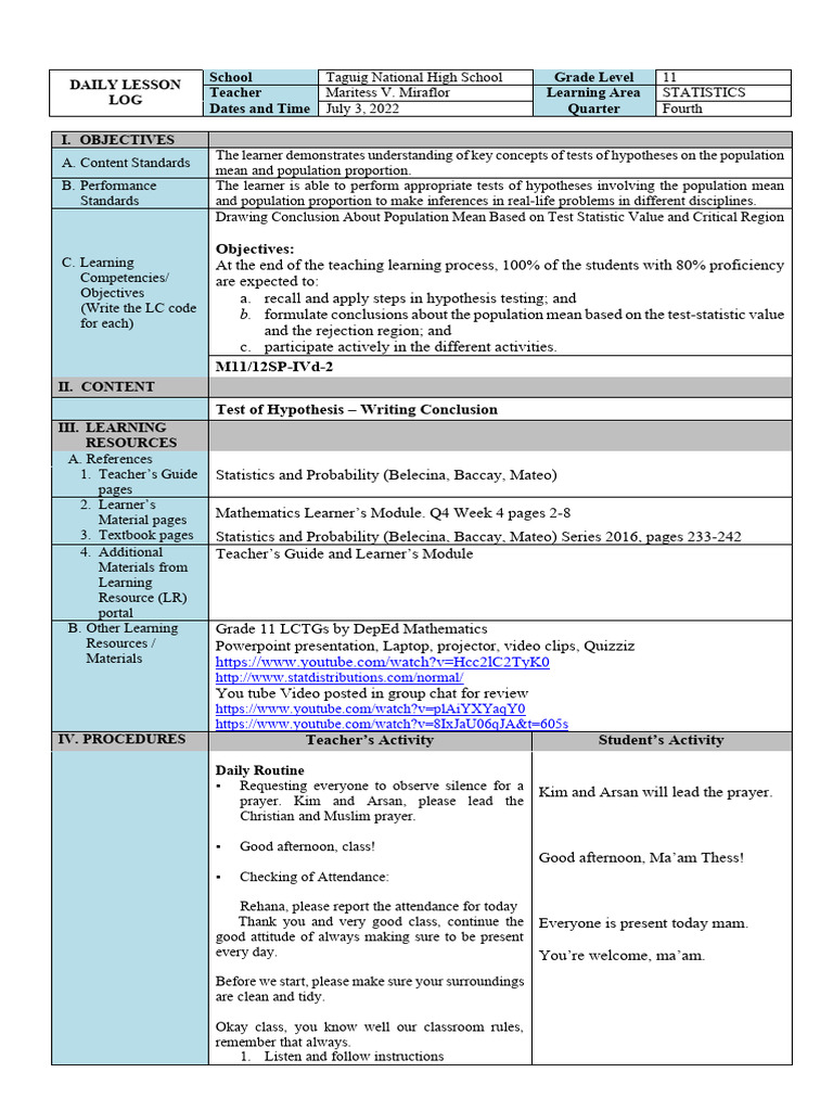 DLP COT 1 Q4 Writing Conclusion Final | PDF | P Value | Null Hypothesis