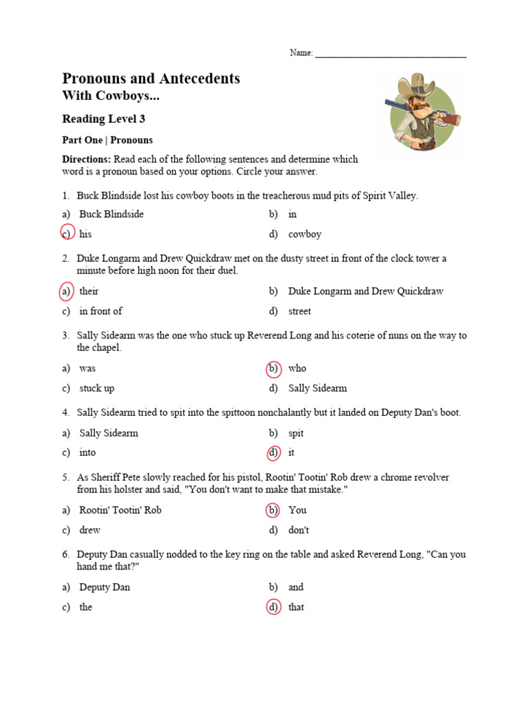 Pronouns and Antecedents Worksheet Reading Level 03 1 | PDF