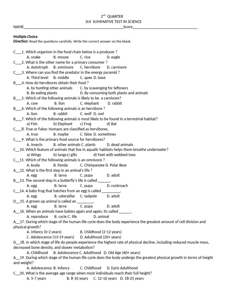 3rd Summative Science Test Q2 | PDF | Foods | Frog