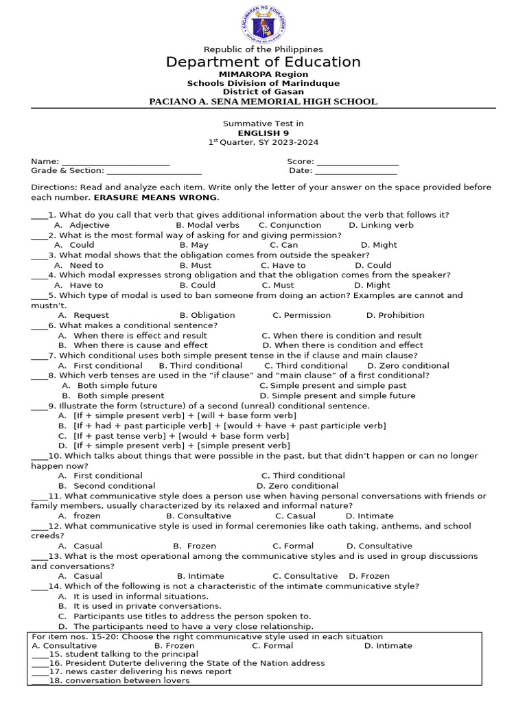 9-ENGLISH-SUMMATIVE | PDF | Verb | Linguistics