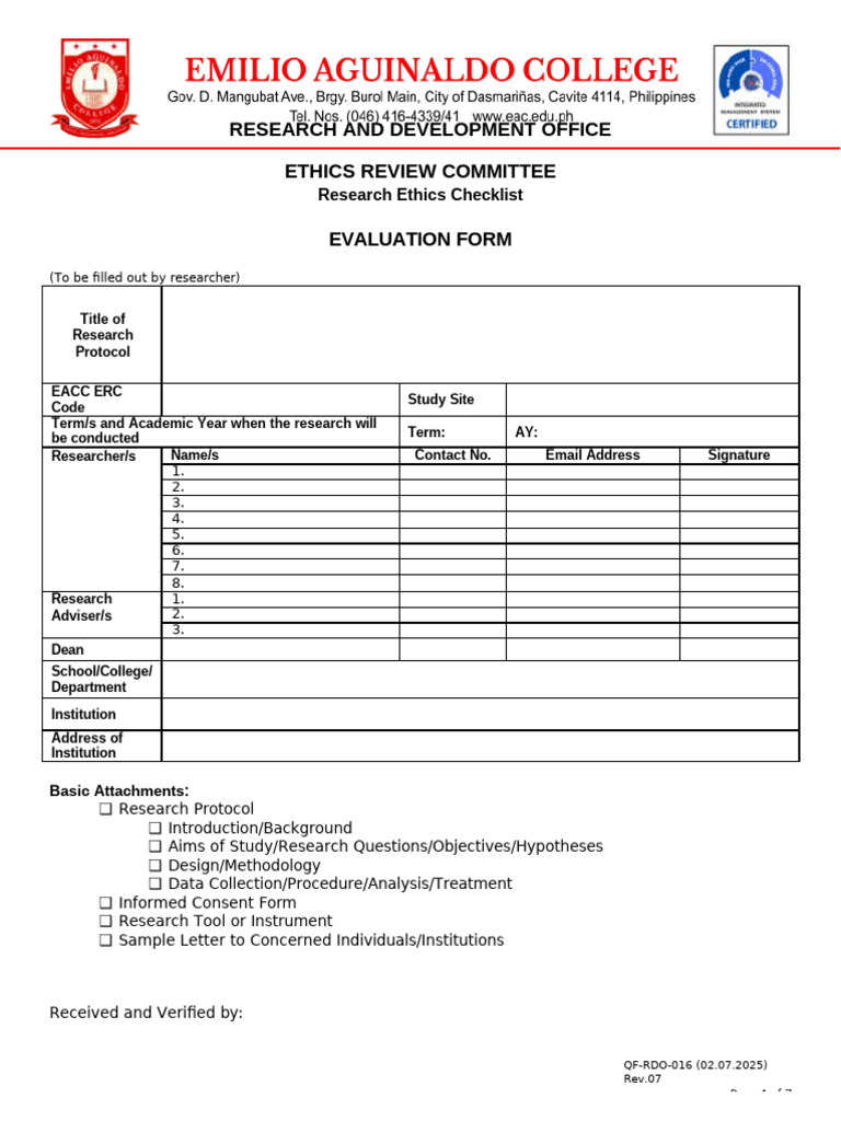 Maievaluation Form Ethical Review Board | PDF | Informed Consent ...
