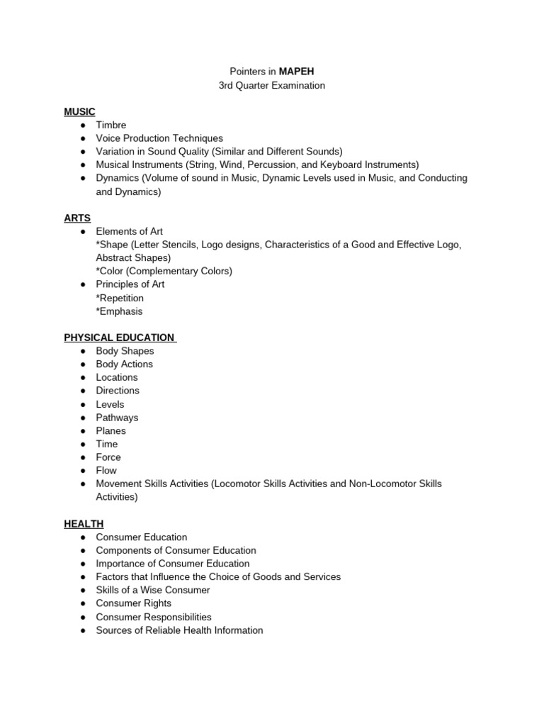 Pointers in MAPEH | PDF