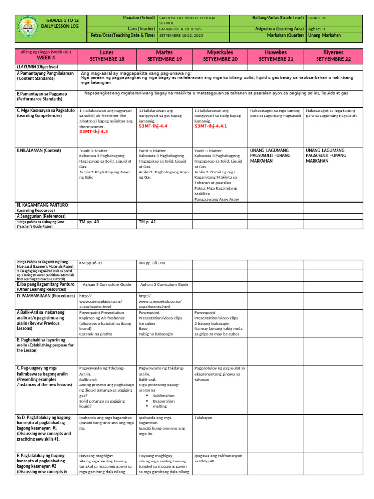 Agham 3 Q1 WEEK 4-DLL | PDF