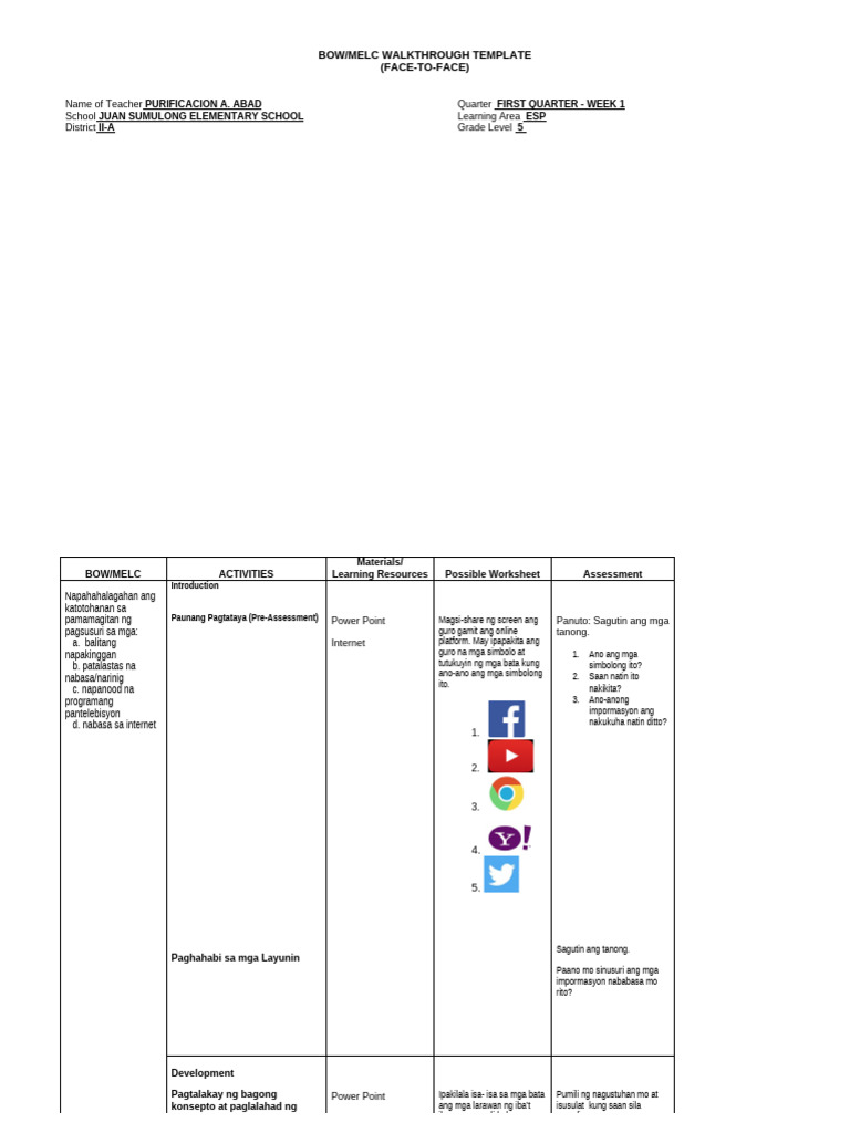 BOW MELC WALKTHROUGH ESP 5 1st QTR Week | PDF