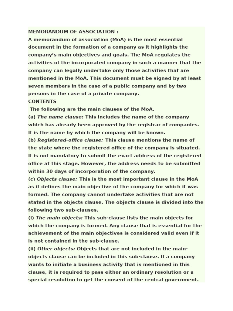 Understanding Memorandum of Association | PDF | Articles Of Association ...