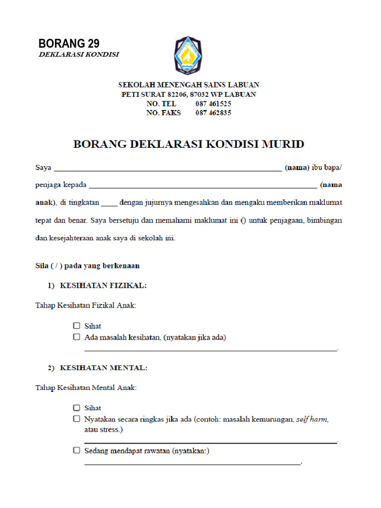 BORANG 29 - Deklarasi Kondisi Murid | PDF