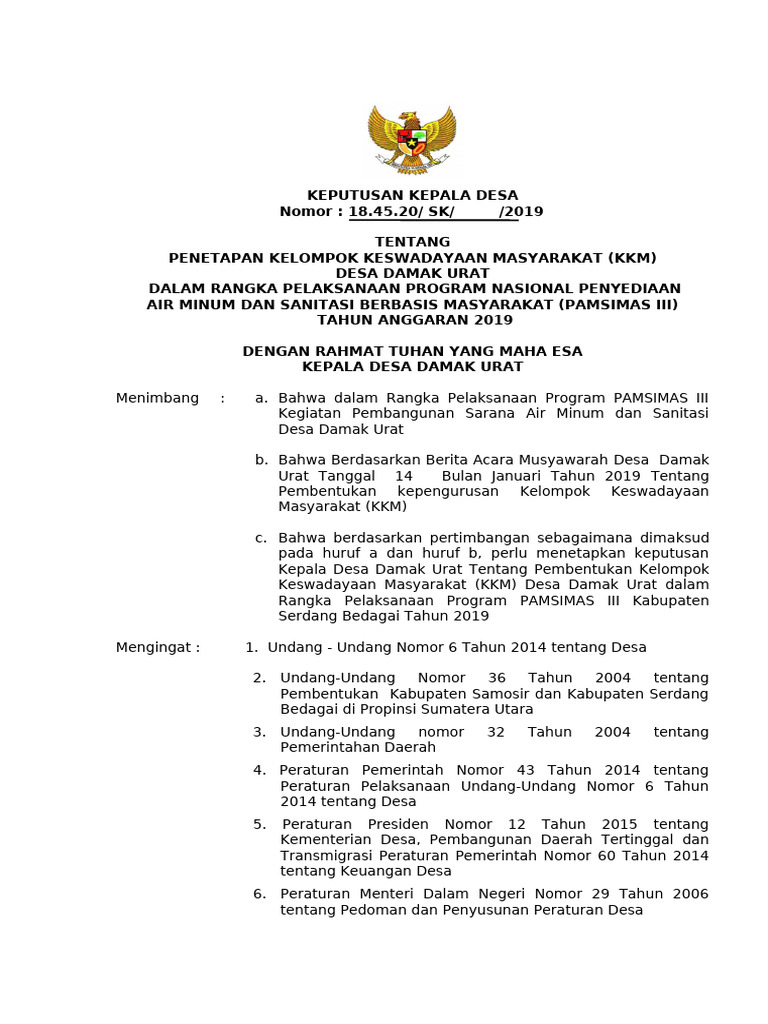 SK KKM (Pamsimas) Desa Damak Urat | PDF