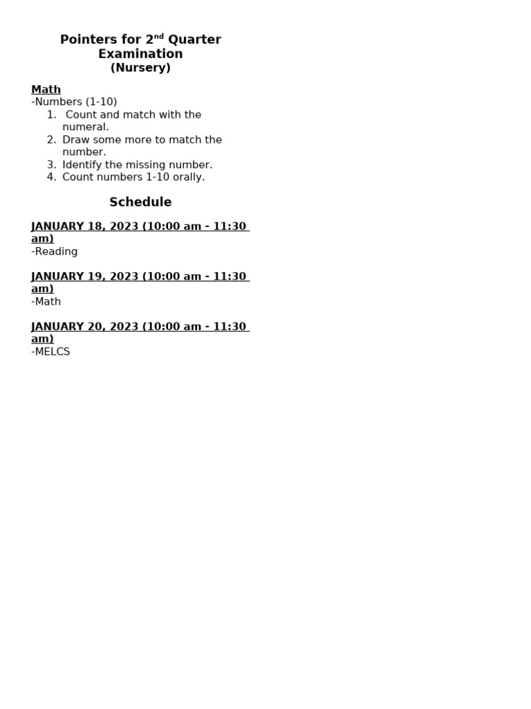 Nursery Pointers For 2nd Quarter Examination | PDF