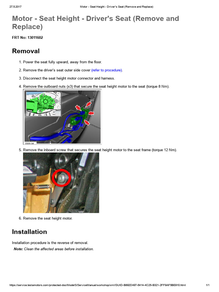 Motor - Seat Height - Driver's Seat (Remove and Replace) | PDF