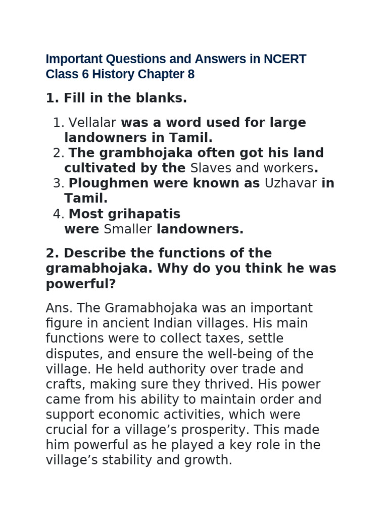Important Questions and Answers in NCERT Class 6 History Chapter 8 ...