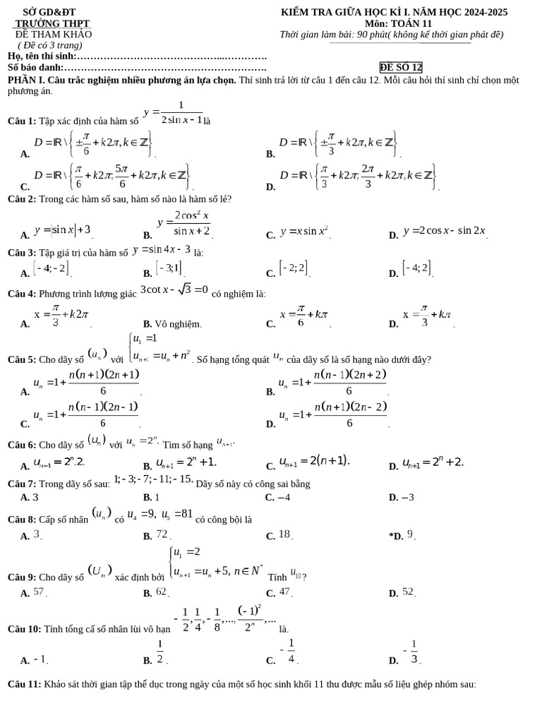 ĐỀ 12 GK1 11 | PDF