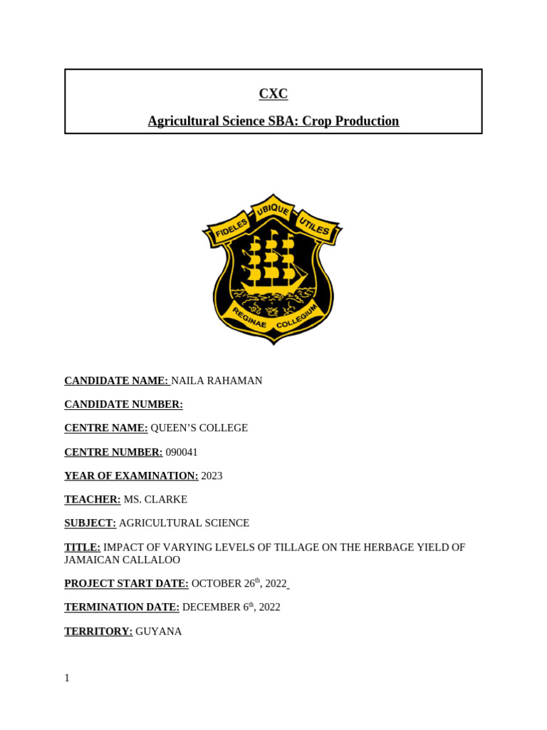 Agricultural Science SBA_ Crop Production (1) (1) | PDF | Tillage | Soil