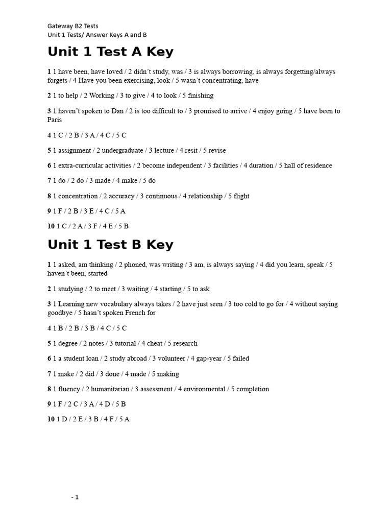 Gateway B2 Test 1 Key | PDF