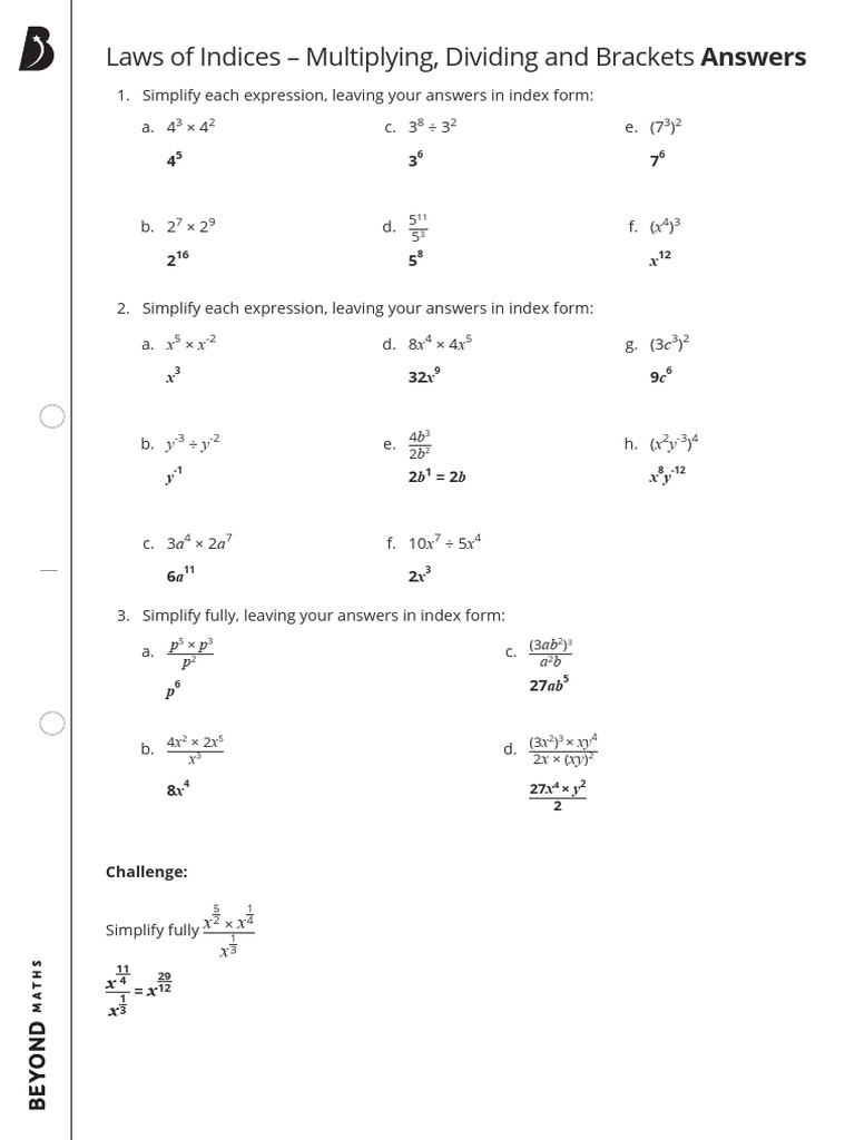 Laws of Indices - Multiplying, Dividing and Brackets (Answers) | PDF