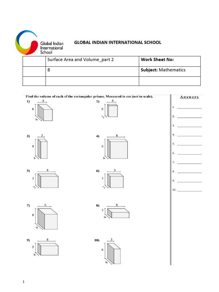 Grade 8 Math: Surface Area & Volume Worksheet | PDF