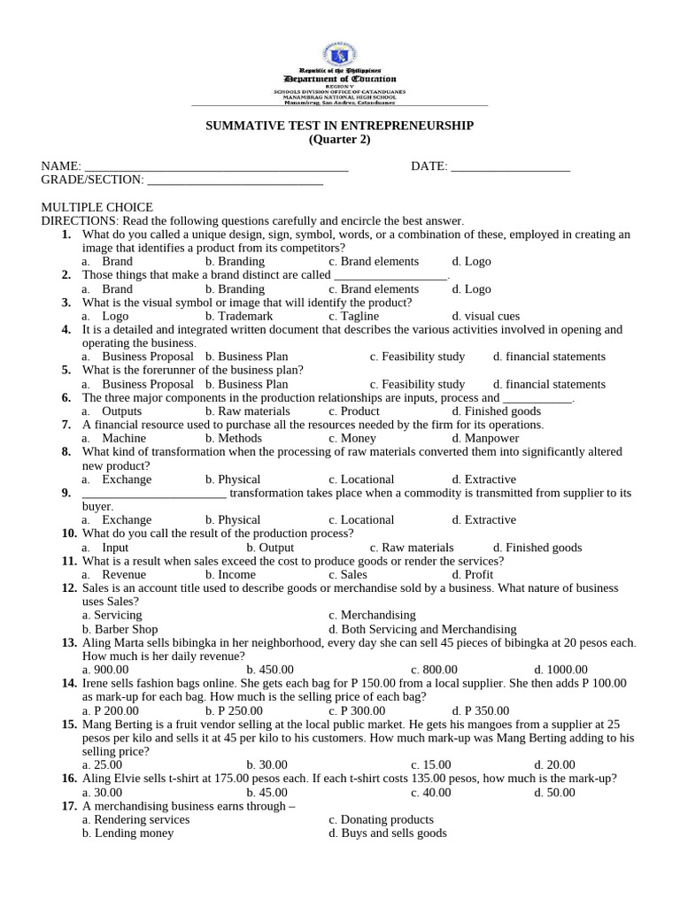 Entrepreneurship Summative Test Q2 | PDF | Cost Of Goods Sold | Brand