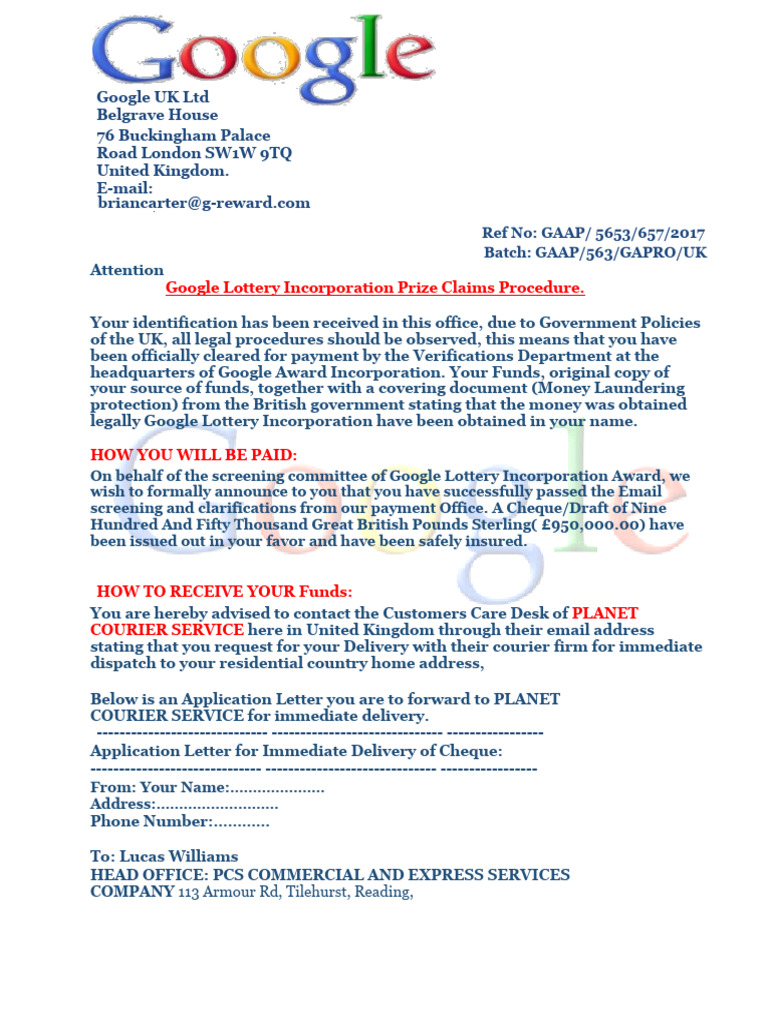 Google Lottery Prize Claim Instructions | PDF | Cheque