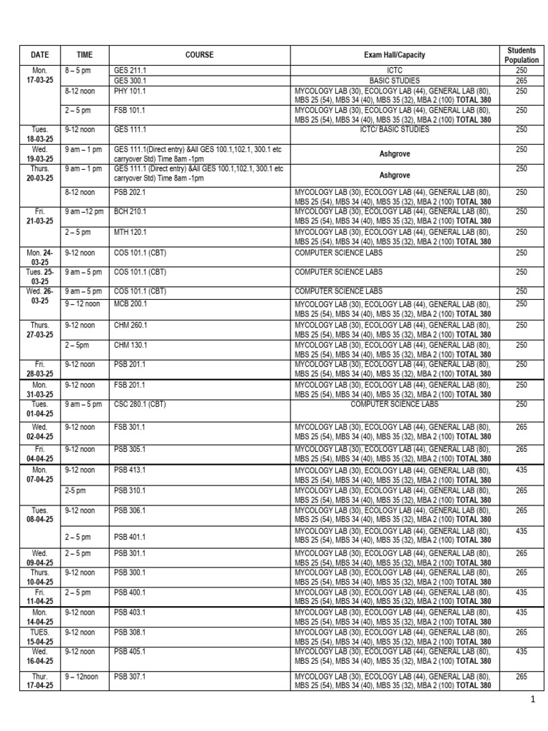 2024-2025 PSB First Semester Exam Time Table For Qa-Qc | PDF