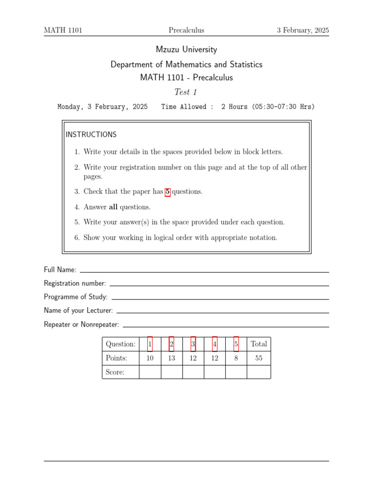 Math 1101 - Test 1 - 2025 - 095616 | PDF | Mathematics
