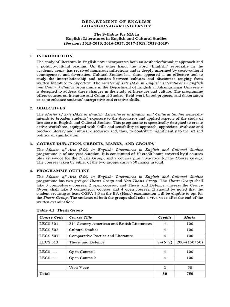MA in English Syllabus Overview | PDF | Thesis | Liberal Arts Education