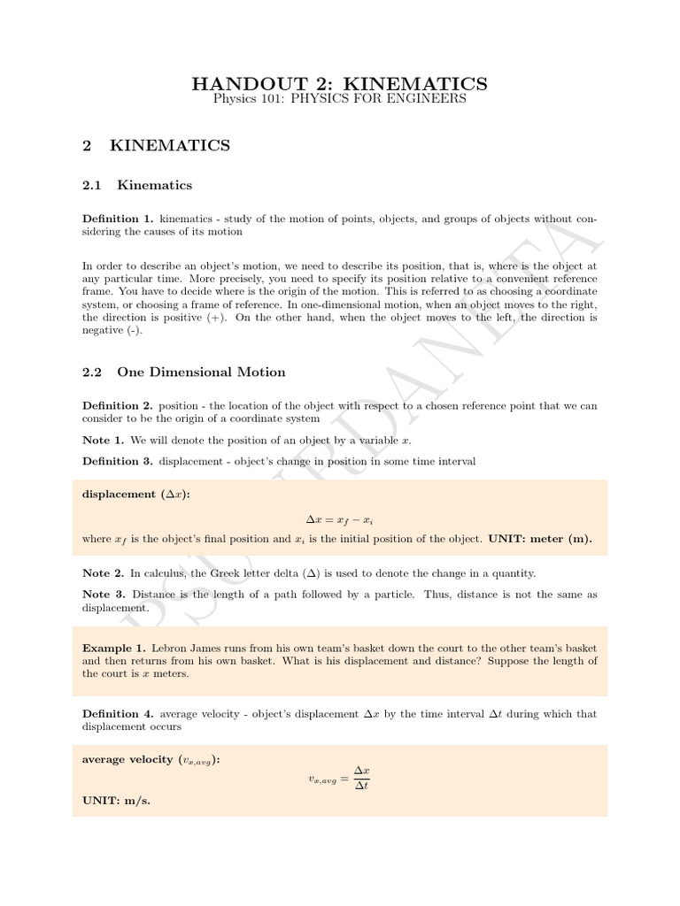 Handout - Physics - 101 - Kinematics (DRAFT) | PDF | Acceleration | Velocity