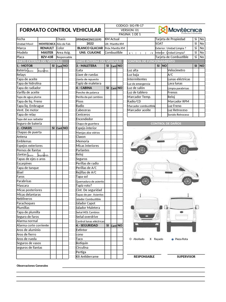 FORMATO Check List - VAN | PDF | Fabricantes de automóviles | Vehículo ...