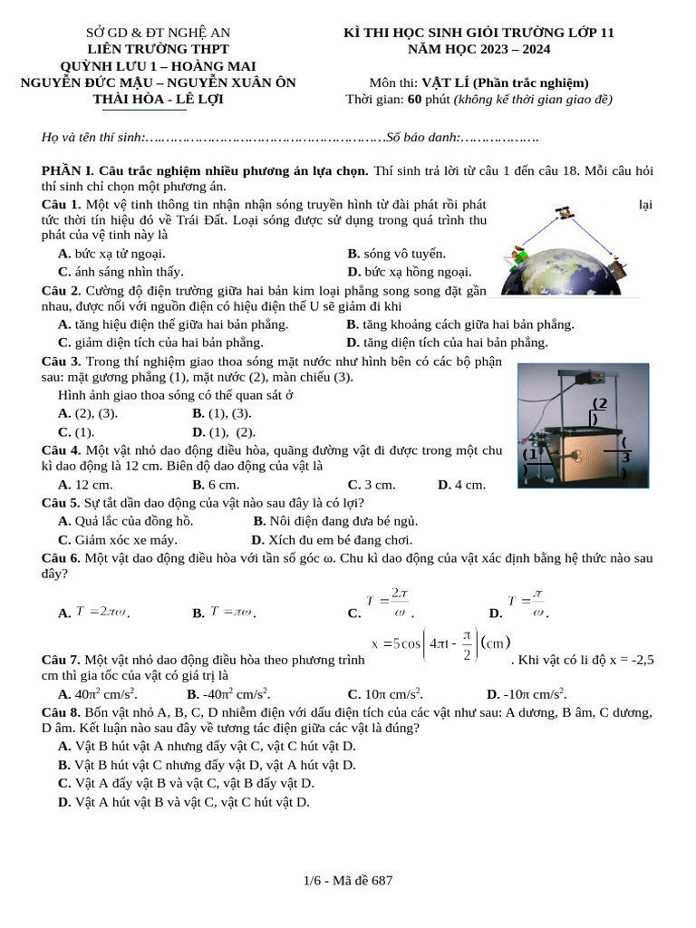 VẬT LÝ 11 - HSG 11 - Liên Trường - SỞ GD&ĐT Nghệ An - 2023-2024 - Trắc Nghiệm | PDF