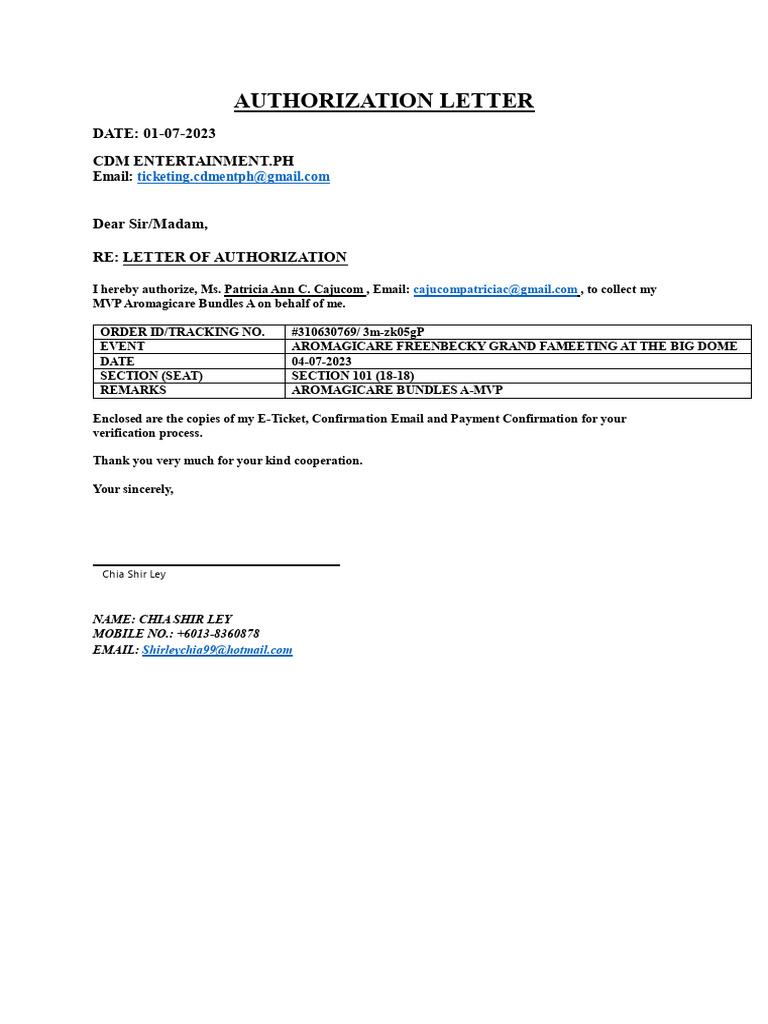 AUTHORIZATION LETTER-mvp | PDF