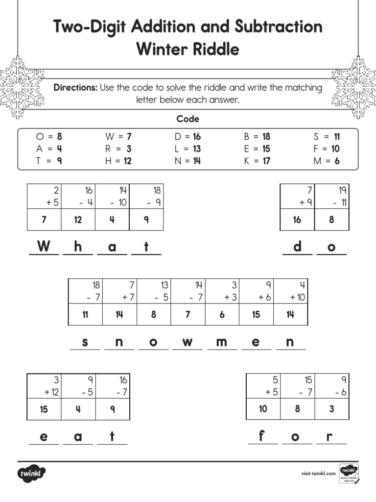 Answers Two Digit Addition and Subtraction Winter Riddle | PDF