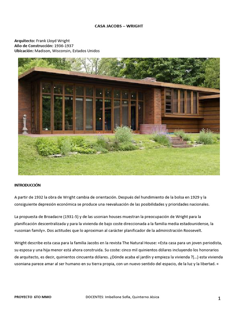 Casa Jacobs: Diseño Usoniano de Wright | PDF