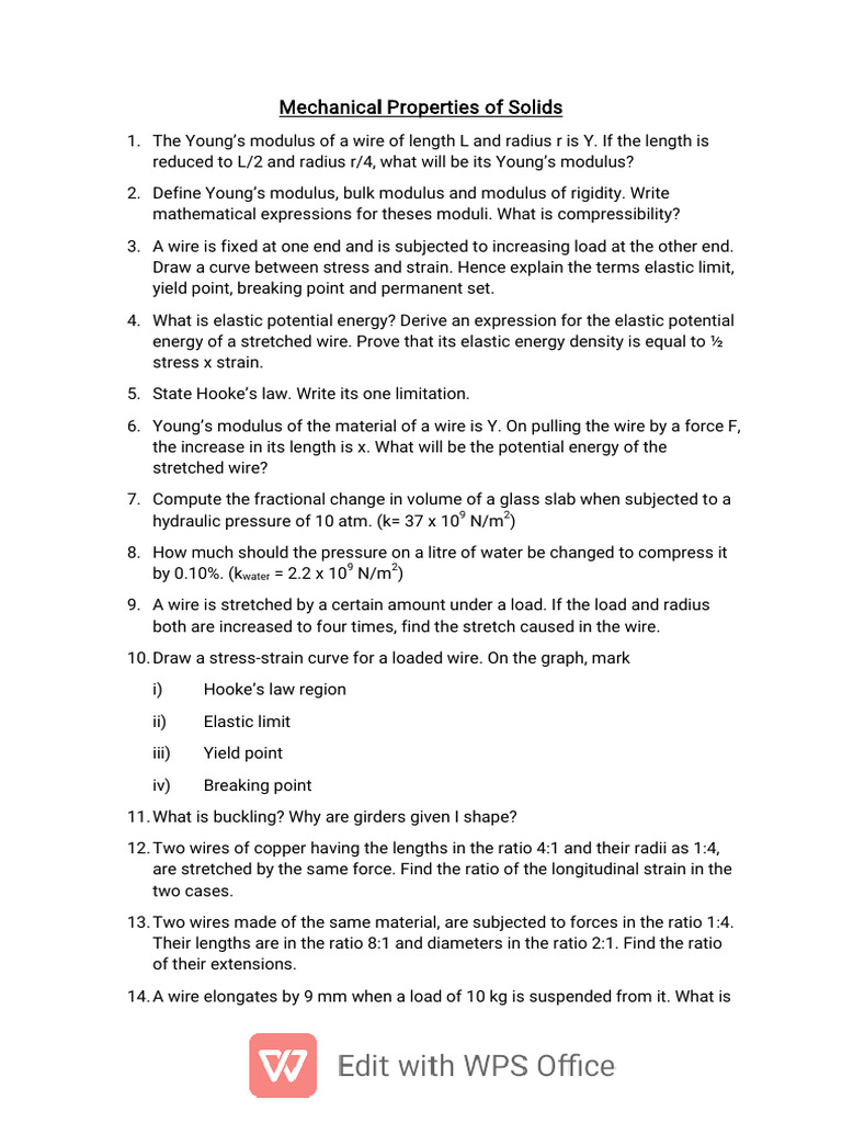 Mechanical Properties of Solids Practice Questions | PDF | Young's ...