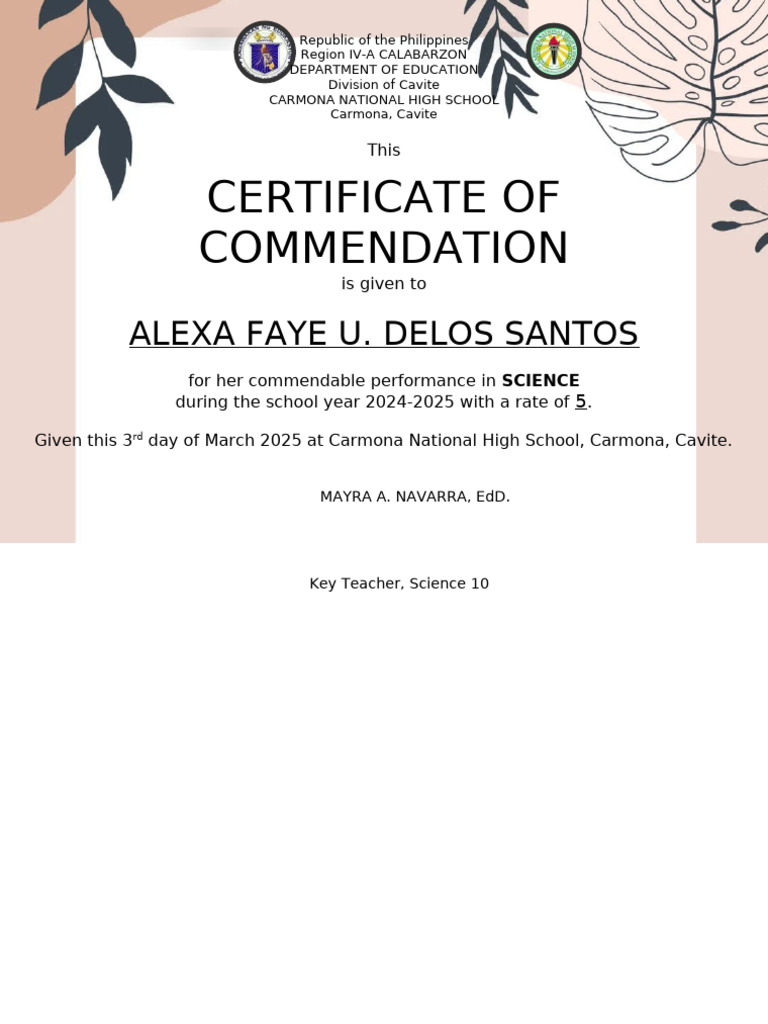 Certificate of Commendation for Science | PDF