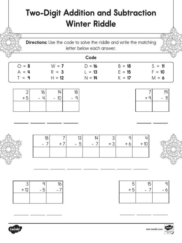 Two Digit Addition and Subtraction Winter Riddle | PDF