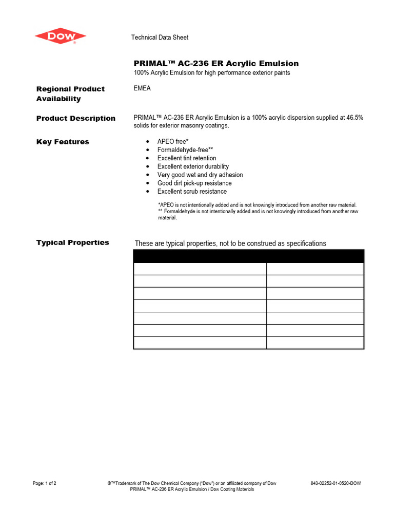 843-02252-01-primal-ac236-er-acrylic-emulsion-tds | PDF | Acrylic Paint ...