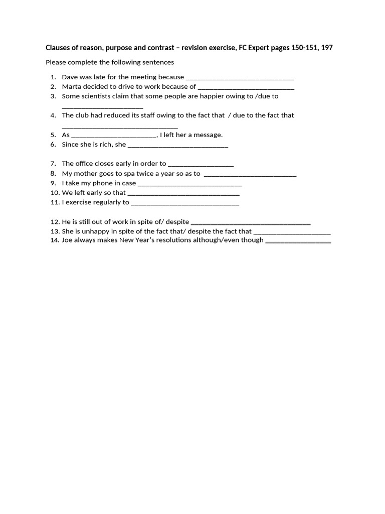 Clauses of Reason and Contrast Exercises | PDF