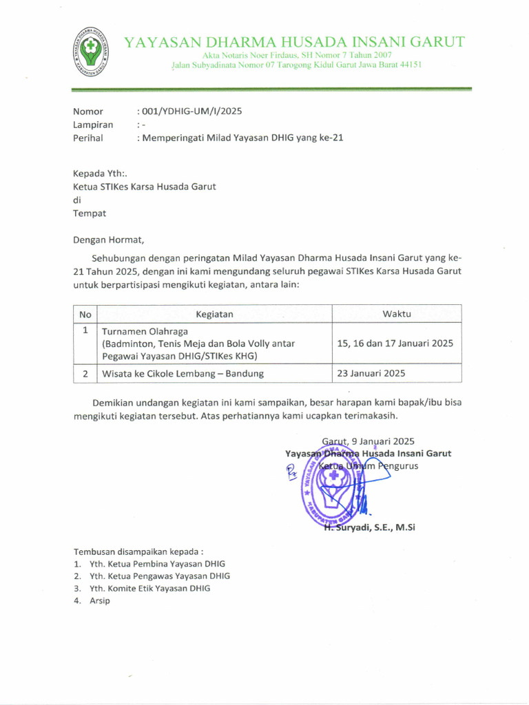 YDHIG. Surat Memperingati Milad Yayasan DHIG Yang Ke 21 Tahun 2025 | PDF